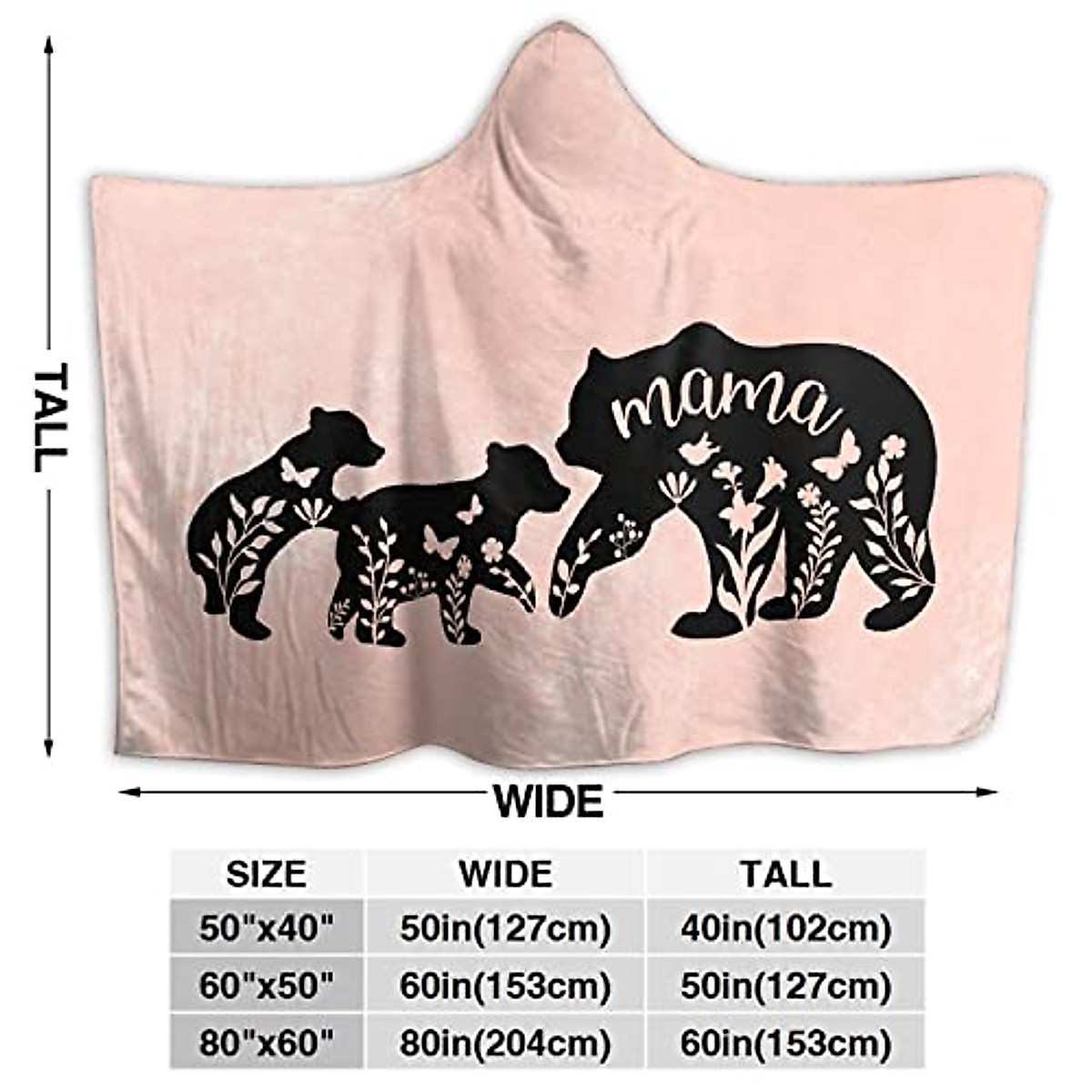 Mama Bear Wearable Blanket Super Soft Cozy Plush Hoodie Blanket Flannel Hooded Throw Blanket Wrap Cloak for Nap Travel,60"x80" for Adults