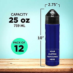 DISCOUNT PROMOS Custom Slim Stainless Steel Water Bottles 25 oz, 12 pack, Personalized Text, Logo, Reusable Gym Sports Bulk Pack, Blue