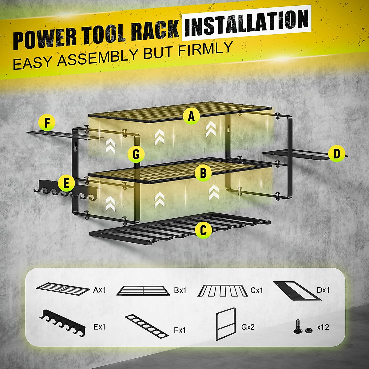 Power Tool Organizer Wall Mount - 150Lbs Load 3 Layers Storage Rack with 4 Drill Holders for Drills Cordless Tools. Heavy Duty Iron Garage Tool Organizer Storage for Workshop Shed Pegboard Basement