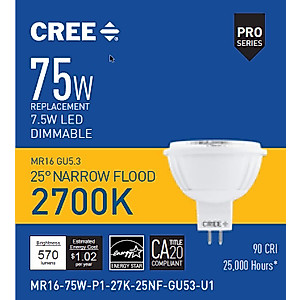 Cree Lighting MR16-75W-P1-27K-25NF-GU53-U1 Pro Series MR16 GU5.3 75W Equivalent LED Bulb (Dimmable) 540 lumens Soft White 2700K 1 Pack