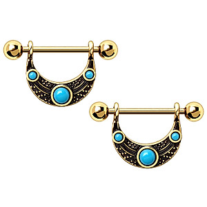Pierced Owl Gold Plated Turquoise Beaded Tribal Nipple Barbells, Sold as Pair