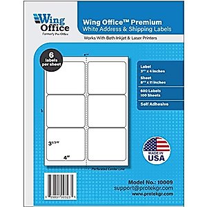 Pro Office Shipping Labels for Printers - Premium 600 Self Adhesive - Laser and Ink Jet Printers, White, Made in USA, 3.33 x 4 Inches, Pack of 600, Same Size As 8164 and More