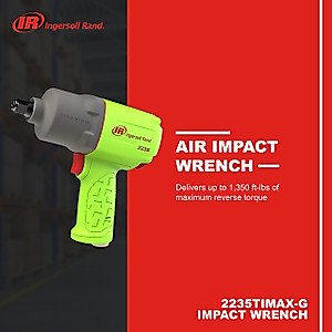 Ingersoll Rand 2235TiMAX-G 1/2” Drive Air Impact Wrench, Lightweight 4.6 lb Design, Powerful Torque Output Up to 1,350 ft/lbs, Titanium Hammer Case, Max Control, Hi-Visibility Red , Green