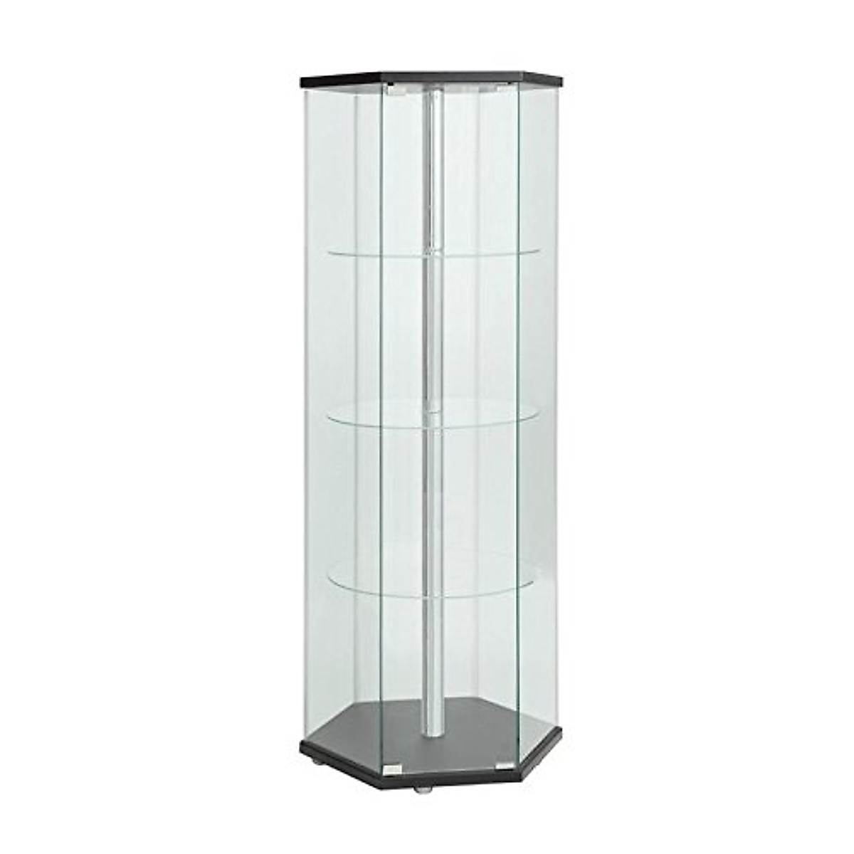 Coaster Home Furnishings 950276 Traditional Glass Hexagon Shaped Curio Cabinet with Three Round Shelves, 24" D x 24" W x 63.5" H, Black