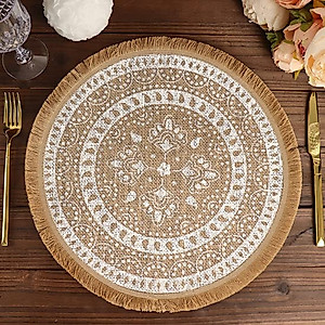 TABLECLOTHSFACTORY 4 Pack | Natural 15" Jute & White Print Fringe Placemats, Rustic Round Woven Burlap Tassel Table Mats
