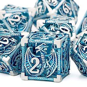 KERWELLSI Hollow Metal DND Dice Set, Dungeons and Dragons Dice Set with Gifts Box, 7pcs D&D Dice Set, Polyhedral Dice Set for RPG Role Playing Game, RPG D and D Dice D20 D12 D10 D8 D6 D4 (Blue)