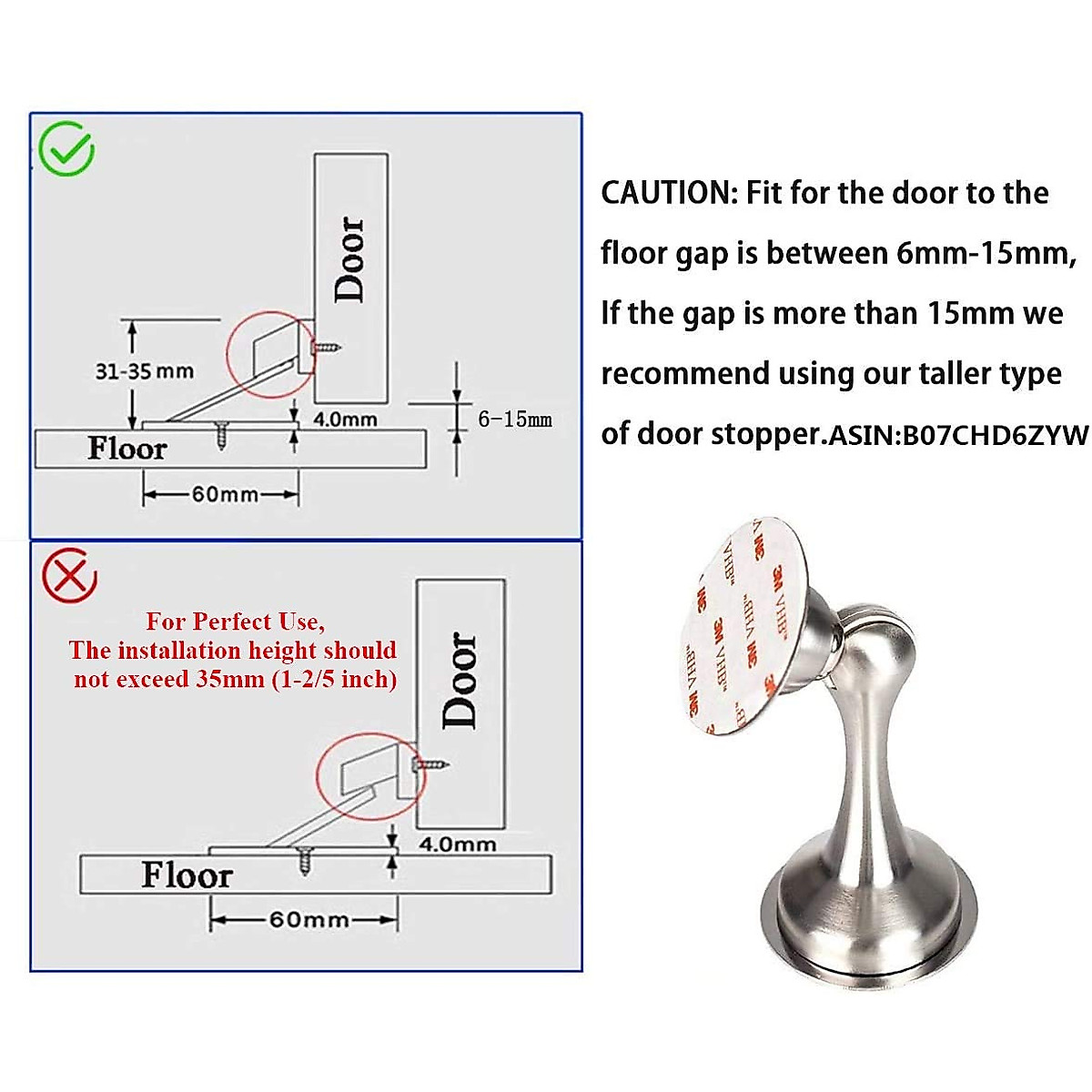 Magnetic Door Stopper, Invisible Magnetic Door Stop, Brushed Satin Nickel, No Need Drill with 3M Adhesive, Stainless Steel Floor Magnetic Door Catch Door Holder