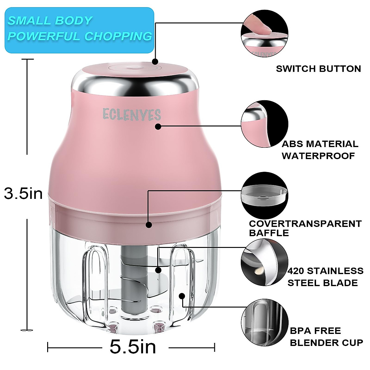 Vegetable Chopper, Electric Garlic Chopper, 250ML USB Rechargeable Mini Chopper, Powerful Small Food Processor, Blender to Vegetable, Wireless Food Chopper for Ginger, Chili, Fruit, Meat, etc（Pink）