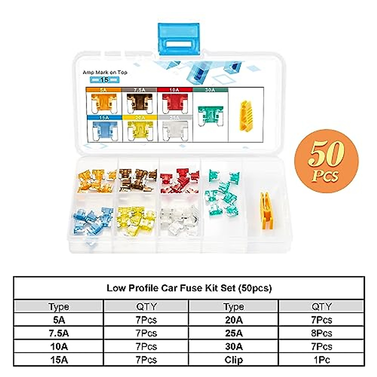 Chanzon Micro Low Profile Mini Blade Fuse Assortment Kit Box (5A 7.5A 10A 15A 20A 25A 30A) for Auto Car Truck RV Automotive Motor Boat Replacement 50pcs