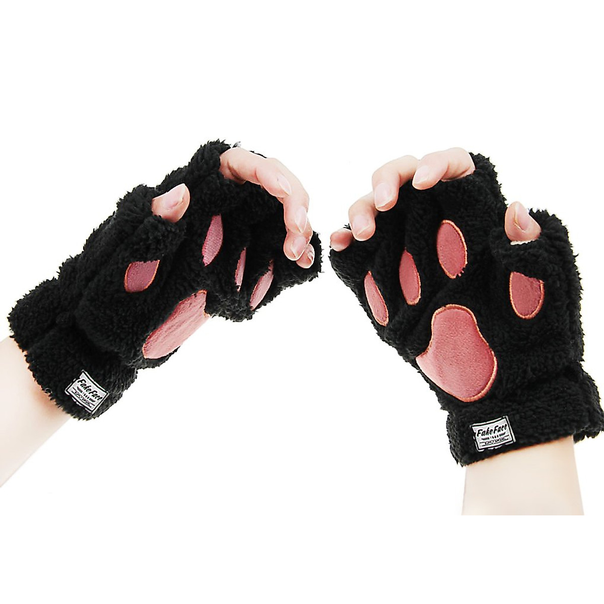 FakeFace Cute Cat Kitten Paw Fingerless Faux Fur Plush Gloves For Girls Women, Black, Small