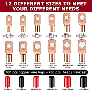 Sieral 400 Pcs Copper Wire Lugs with Heat Shrink Set, AWG2 4 6 8 10 12, 200 Battery Cable Ends Rings Terminal Connectors Tubing Assortment Kit,
