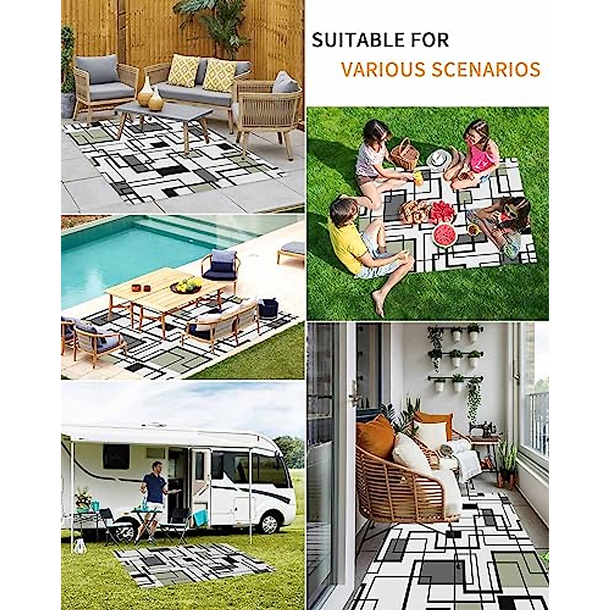 Sage Green Geometric Outdoor Rug for Patio/Deck/Porch, Non-Slip Large Area Rug 5 x 8 Ft, Black Gray Modern Abstract Art Indoor Outdoor Rugs Washable Area Rugs, Reversible Camping Rug Carpet Runner