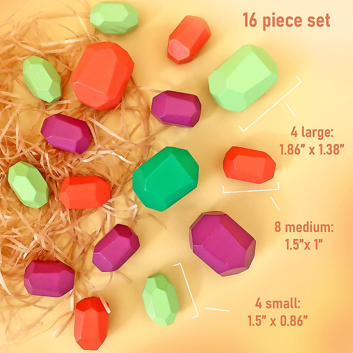 Open Road House Stacking Rocks - Stacking Stones - 16 pc Wooden Stacking Rocks for Kids - Sorting & Stacking Toys - Balancing Stones - Wooden Stacking Stones - Rock Blocks Kids (Orange Green Purple)