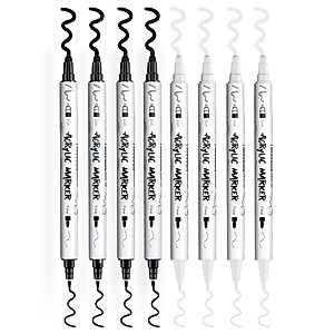TRANSON 4 Black and 4 White Paint Pens Bold and Fine Dual-tip Acrylic Paint Marker Set for Rock Painting Glass Canvas Wood Leather Ceramic Painting