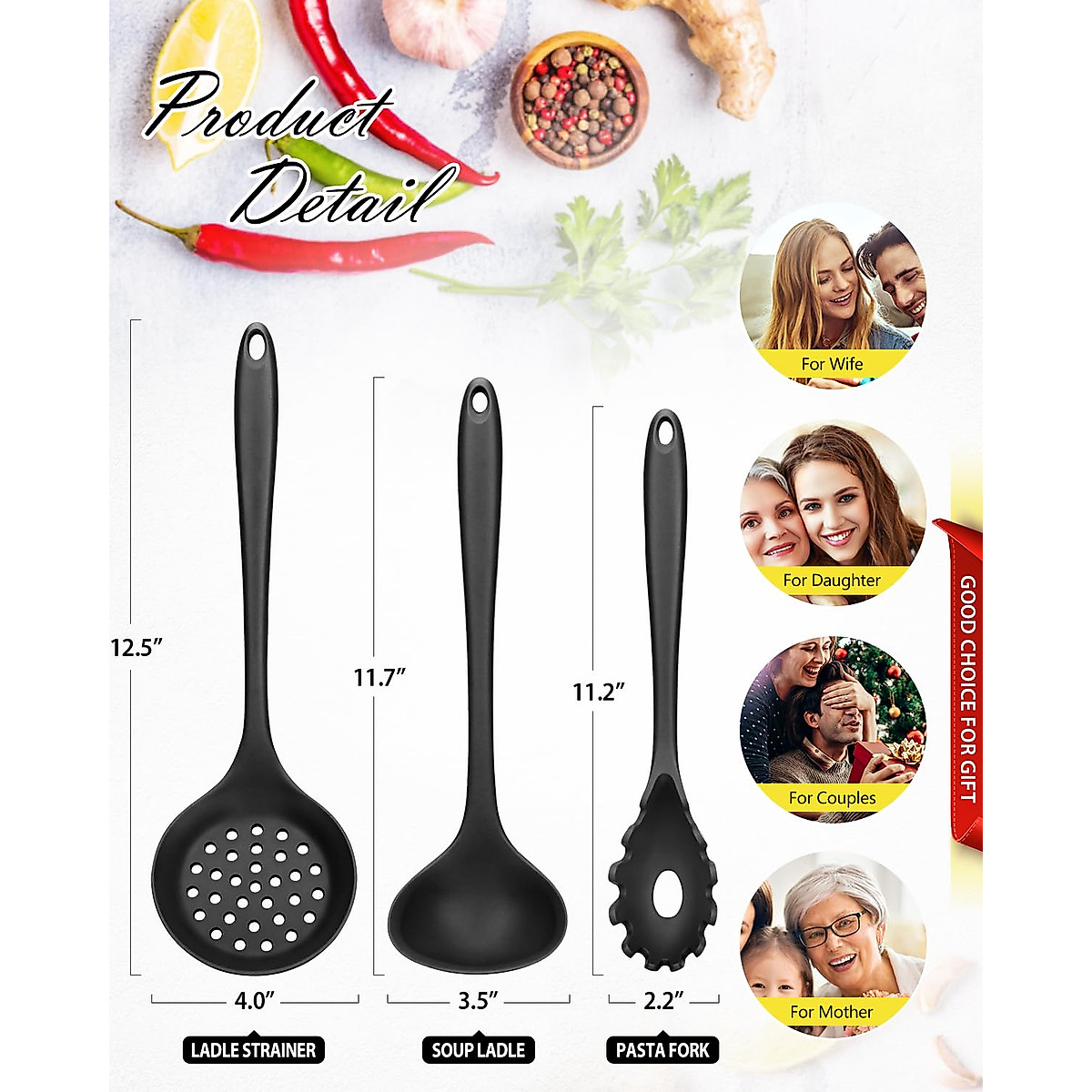 3 Pcs Silicone Kitchen Utensils Set, Soup Ladle-Pasta Fork-Slottede Spoon, Nonstick BPA Free High Heat Resistant Cooking Utensils for Mixing, Serving, Draining, Turning, Stirring