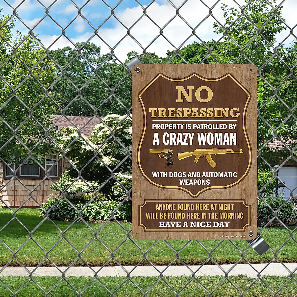 SmartSign 14 x 10 inch “No Trespassing Property Is Patrolled By A Crazy Woman” Funny No Trespassing Sign with Gun Graphic, 40 mil Laminated Rustproof Aluminum, Multicolor, Made in USA