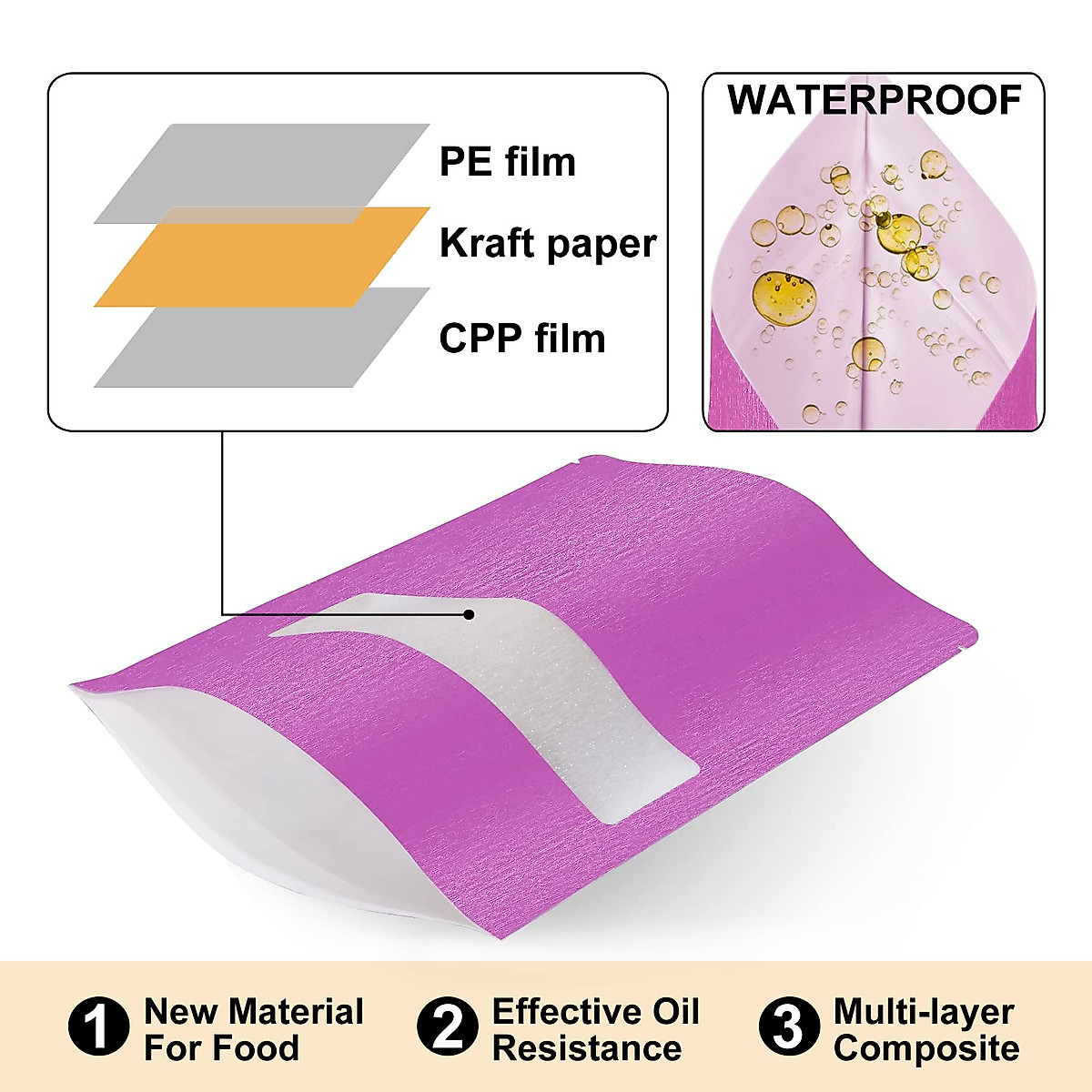 WObell 50pcs Kraft Ziplock Pouches,4.7x7.9 Inch Resealable Stand up Bags with Window, Reusable Ziplock Food Storage Pouches,Heat Sealable Bags Purple