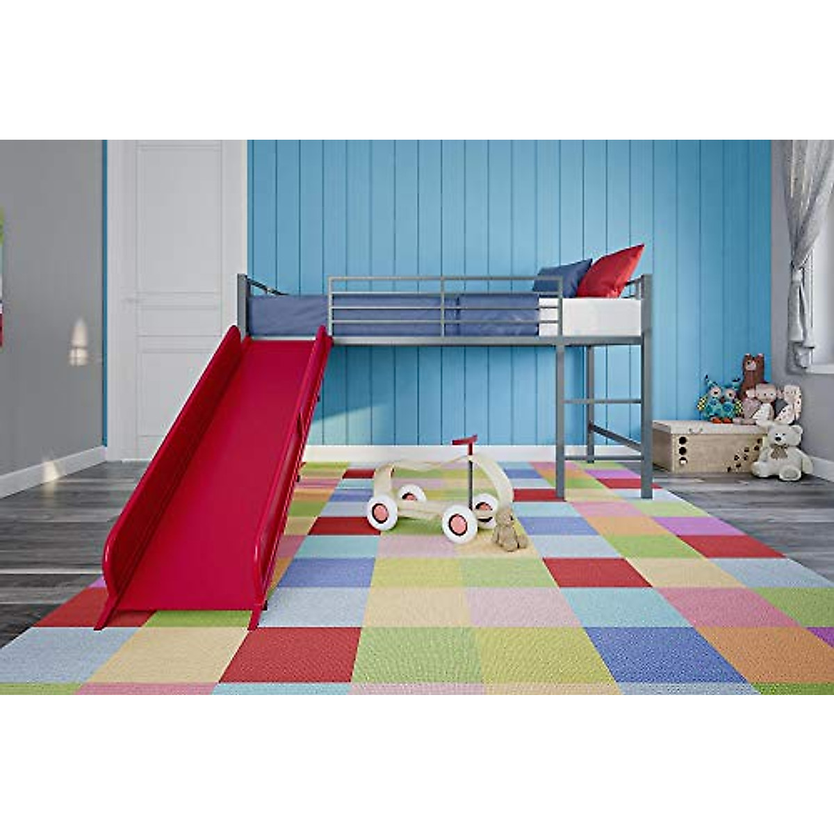 DHP Junior Twin Metal Loft Bed with Slide, Multifunctional Design, Silver with Red Slide & Fire Department Design Curtain Set for Junior Loft Bed, Kids Furniture, Blue