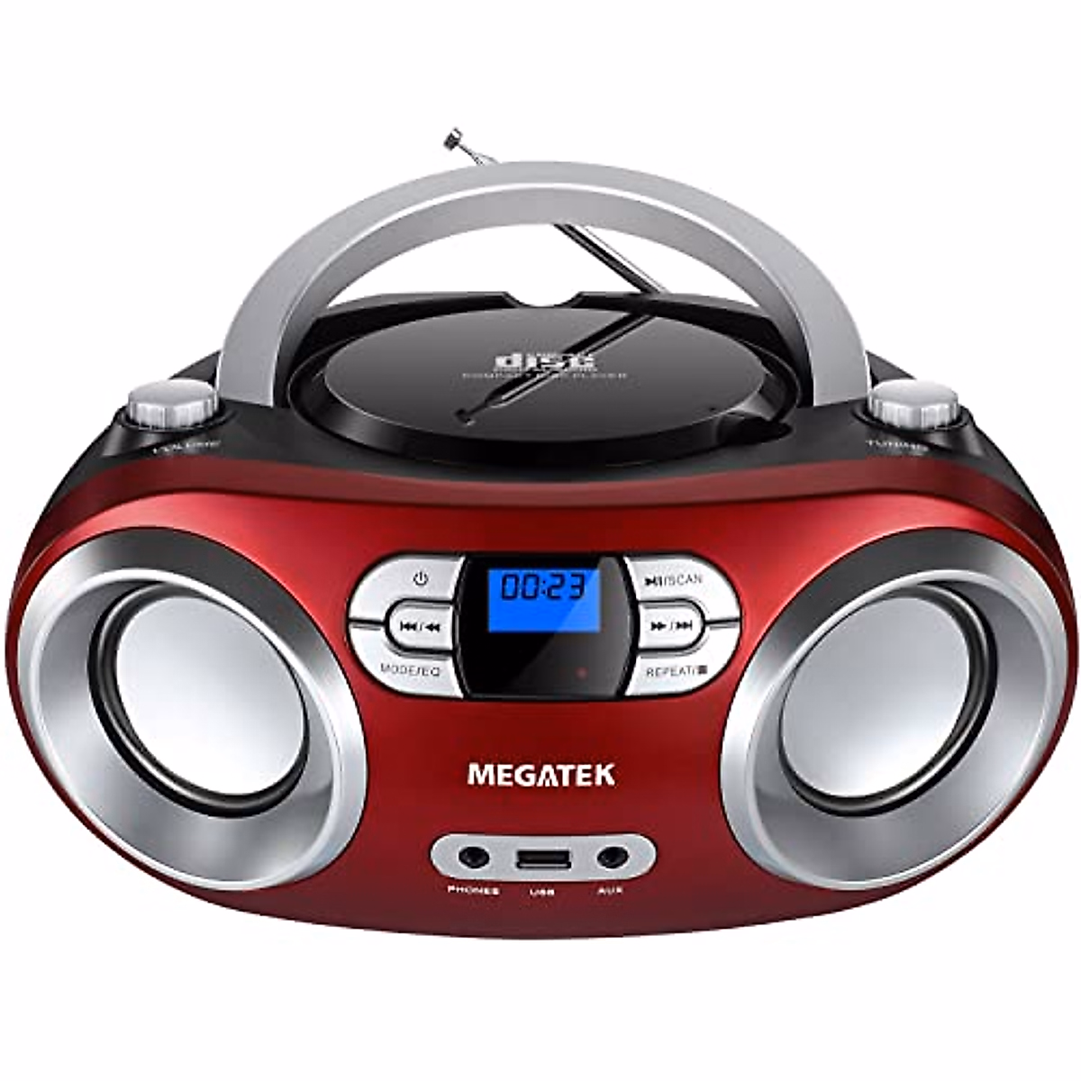 MEGATEK Portable CD Player Boombox with FM Radio, Bluetooth, USB, Aux-in and Headphone Jack, CD-R/RW and MP3 CDs Compatible, Enhanced Stereo Sound, AC/Battery Operated - Cherry Red