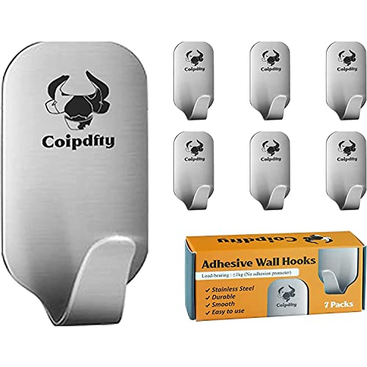 Coipdfty Designer Adhesive Wall Hooks for Hanging, 7 Pack Heavy Duty Metal Coat Key Towel Hooks for Kitchen Bathroom Garage,Utility Hooks 7 Pack