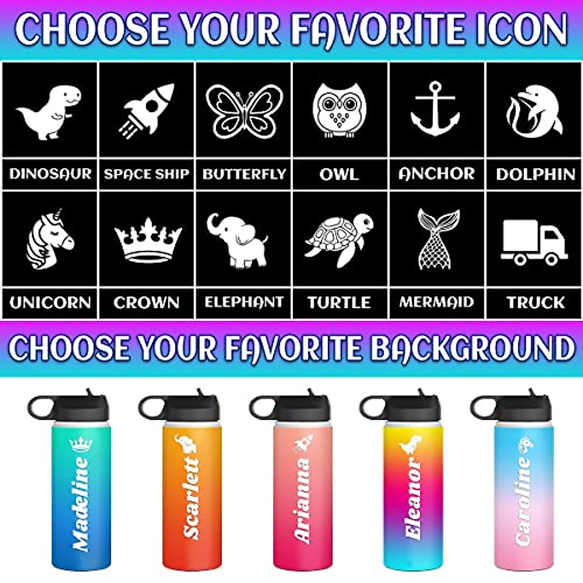 winorax Personalized Water Bottles For Kids Animal Design Sports Bottle 12oz 18oz 32oz Insulated Stainless Steel Birthday Christmas Back To School Gift for Boys Girls Kid Animal Lovers