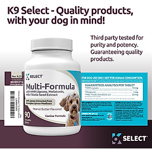 K9 Select Multi-Formula Dog Vitamins for Smaller Dogs - 10mg HMR Lignans, 1mg Melatonin, 20mg Milk Thistle - Helps Heart, Liver, Digestion, Skin & Coat Health, 90 Tablets, Peanut Butter Flavor