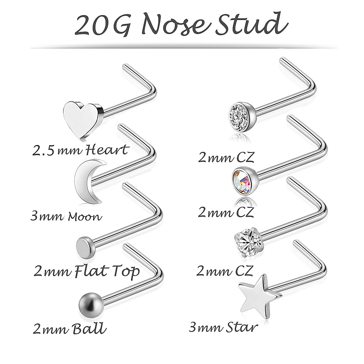 Tornito 20G 36Pcs Stainless Steel L Shaped Nose Ring CZ Nose Stud Retainer Labret Nose Piercing Jewelry (A0：36Pcs, Silver Tone) …