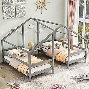 Double Twin Size Platform Beds with Built-in Table,Wood House Twin Beds Frames with Canopy Triangular Roof for Kids Teens Adults,Wood Slats Support/No Box Spring Needed,Gray