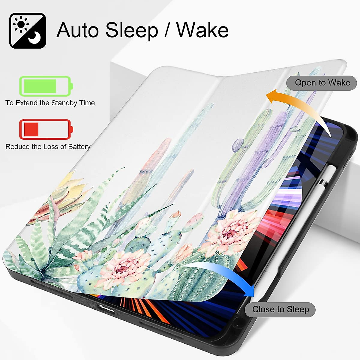 May Chen for iPad Pro M2 12.9 Case 6th/5th/4th/3rd Generation 2022 2021 2020 2018 Trifold Stand + Pencil Holder + Auto Wake/Sleep + Soft TPU Protective Stand Back Cover, Cactus
