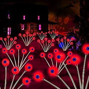 TONULAX Halloween Decorations Outdoor, 2 Pack Upgraded Solar Scary Eyeball Lights with Dual Lighting Modes, Swaying Firefly Lights, Solar Pathway Light for Yard, Garden,Yard Decor, Party (Red)