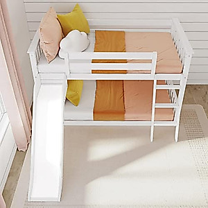 Max & Lily Solid Wood Twin over Twin Size Low Bunk Beds for Kids with Slide and Ladder, 400 lbs Weight Capacity, 14" Safety Guardrail, Anti-Slip Steps, White