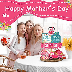 Mother's Day Centerpiece Table Decorations Happy Mother's Day Party Centerpieces Wooden Table Signs Thank You Mom Tiered Tray Decor Flower Heart Mom Party Supplies for Mother's Gift