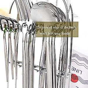 24-Piece Mirror Silver Cutlery Set, Snplowum Stainless Steel Flatware Hanging Tableware Silverware Set Include Knife/Fork/Spoon/Teaspoon and Storage Rack For Daily Use, Service For 6