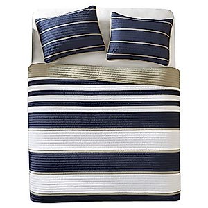 Comfort Spaces Quilt Set Trendy Casual Fun, Vibrant Color Design, Hypoallergenic All Season, Lightweight Coverlet Bedspread Cozy Kids Bedding & Sham Full/Queen Verone White Blue Stripe 3 Piece