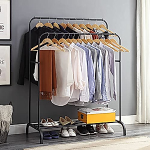 GISSAR Metal Clothing Rack, Double Rod Garment Rack with Bottom Shelf for Hanging Clothes, Coats, Skirts, Shirts, Sweaters, Boxes Shoes Boots Storage Organize, Height 57", Black