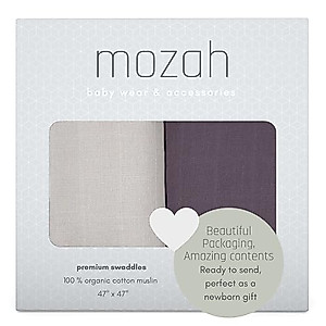 MOZAH Organic Muslin Swaddle Blankets - Set of 2 Large Soft Baby Blankets for Girls and for Boys 47 x 47 inches - Newborn Swaddle Baby Receiving Blankets Swaddling Wrap (Charcoal and Grey)
