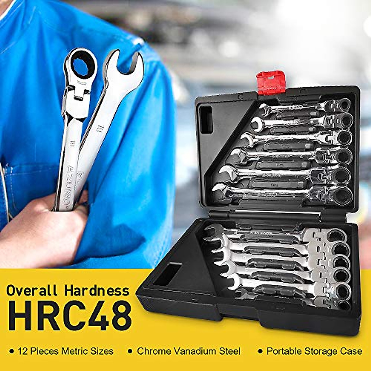 AZUNO 12-Piece Flex-head Ratcheting Wrench Set, Metric Ratchet Spanner Set 8-19mm, Chrome Vanadium Steel with Deluxe Case