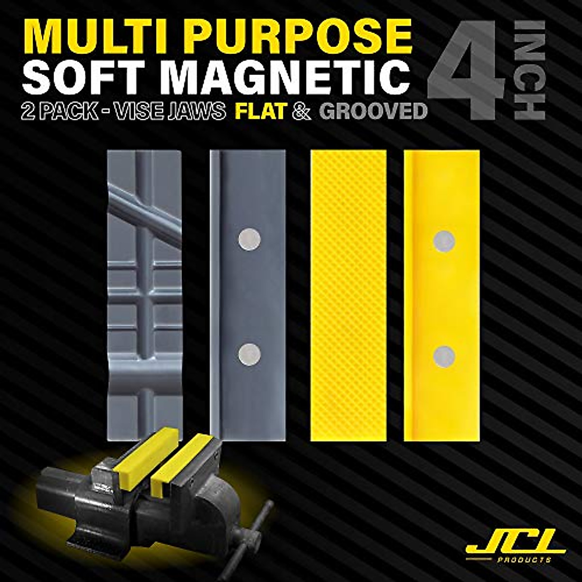 JCL Soft Vise Jaws | 4 inch vice jaws (2 pack), including 1 set grooved and 1 set flat | Use on any Metal Bench Vise to safely clamp flat, round or irregular shapes objects