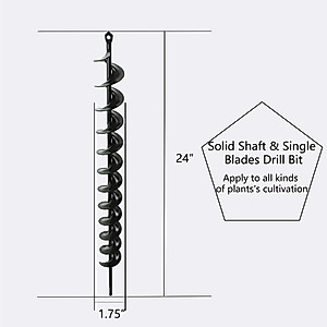 1.75in Wide 24in Long Metal Earth Auger Drill Bit, Steel Auger Bit DIY Auger with 3/8 Non-Slip Hex Drive for Planting Trees and Bedding, Gardening