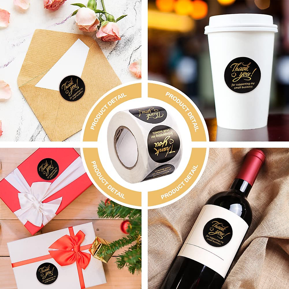 1130pcs Thank You Cards and Stickers Set,100pcs Gold Foil Thank You for Supporting My Business Cards 1000 Thank You Stickers Label Roll with Packaging Bag for Business Greeting(Black)