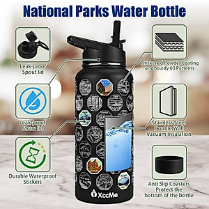 XccMe National Parks Water Bottle with Stickers,32 oz Insulated Stainless Steel Water Bottle with 2 Lids,Straws,Silicone Boot,Waterproof Stickers,Travel Vacuum Sealed Water Bottle,Leak Proof (Black)