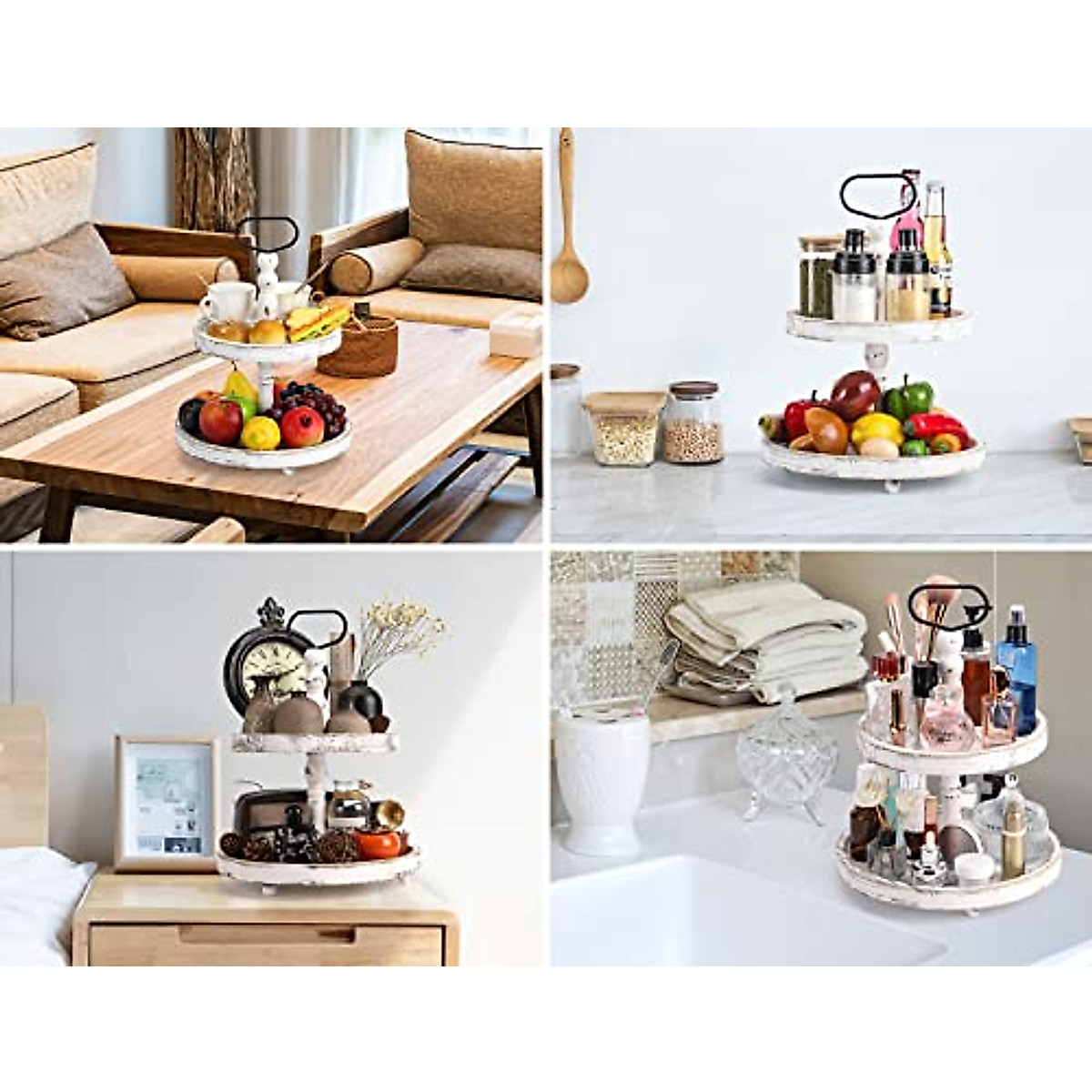 Farmhouse Wooden Decorative Two Tiered Trays+ Pu Leather Tray,Wood 2 Tier Serving Tray Stand for Rustic Table Centerpiece,Kitchen Decor,Coffee Bar, or Cupcake Stand (White)