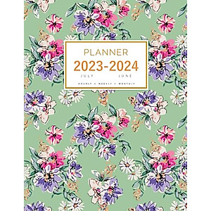 Planner July 2023-2024 June: 8.5 x 11 Large Notebook Organizer with Hourly Time Slots | Colorful Sketched Flower Design Green