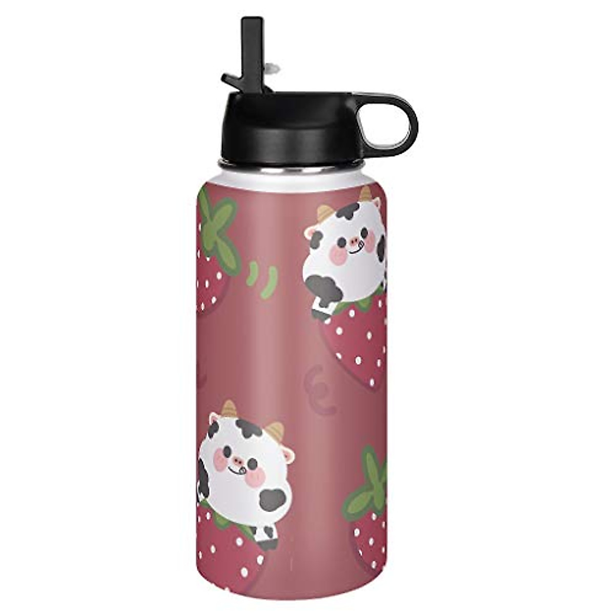 EmroyouYi Strawberry Cow Stainless Steel Sports Water Bottle with Straw Lid Insulated Thermo Mug Gifts for Friends white 32oz