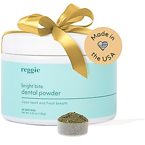 Reggie Bright Bite Dental Powder for Dogs | Reduces Bad Breath, Plaque, Tartar | Made in The USA, Organic, Vet-Approved, Ideal for All Ages & Breeds - 60 Scoops