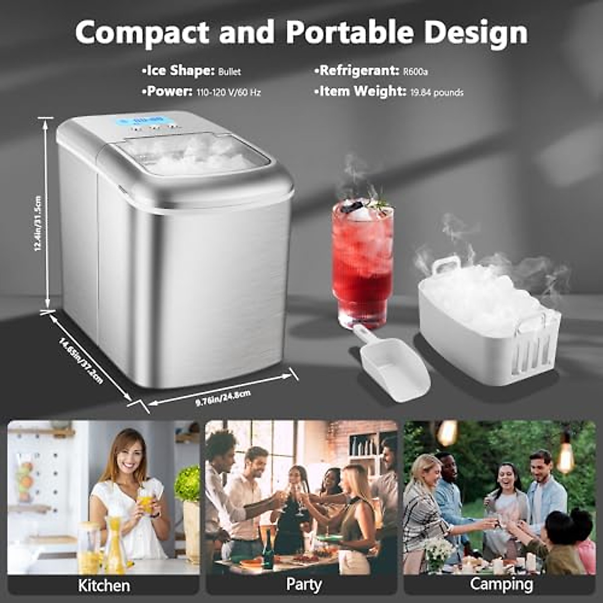 KUMIO Ice Makers Countertop with Self-Cleaning, 9 Pcs/6-8 Mins, 26.5 Lbs/24 Hrs, 2.1L Water Tank, 2 Sizes of Bullet Ice for Home/Party, LCD Digital Control Panel, Ice Basket & Scoop, Stainless Steel