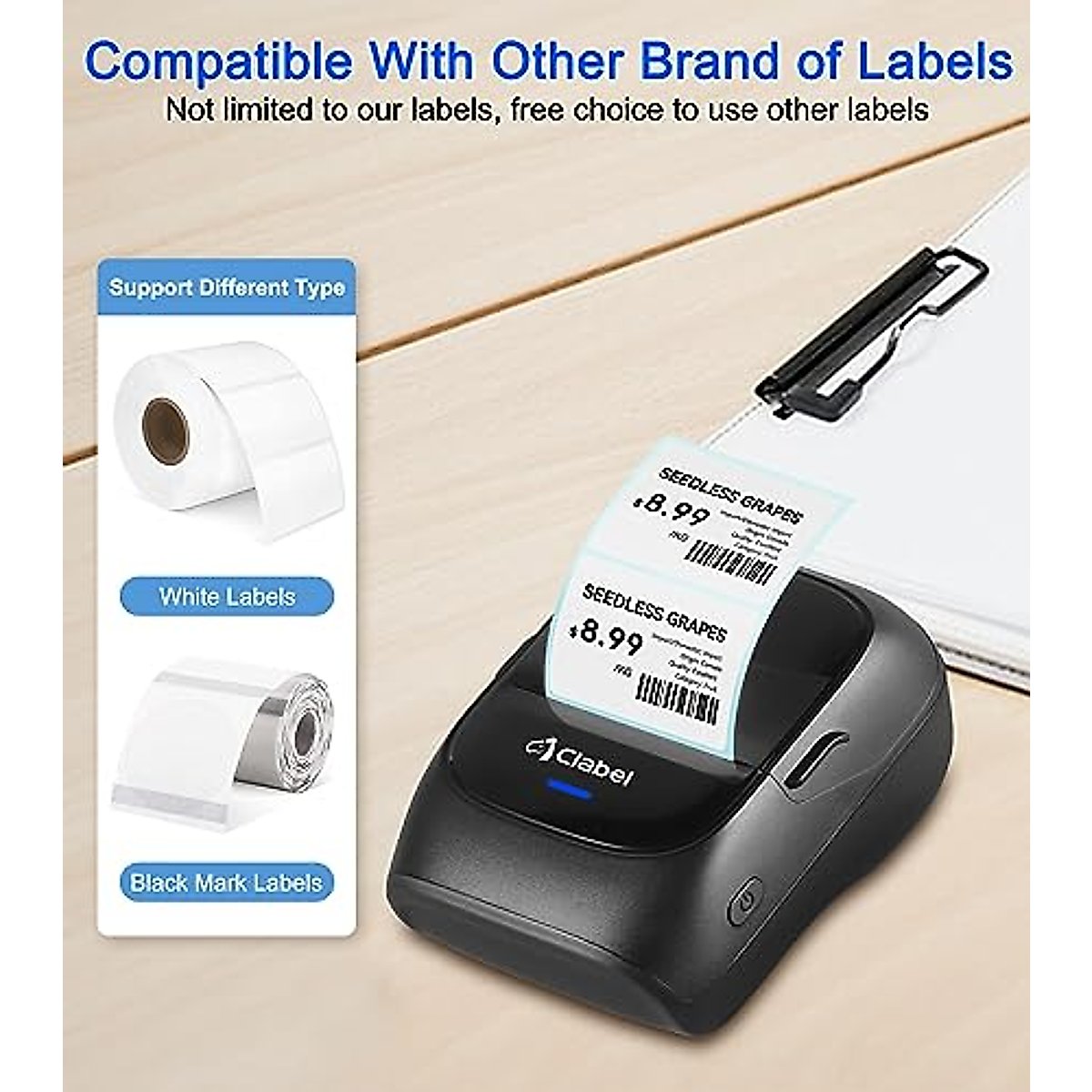 CLABEL Barcode Label Printer, 221B Bluetooth Thermal Label Maker Printer for Addresses, Business, Clothing, Labeling, Mailing, Compatible with Android & iOS System, with 1 Roll Label