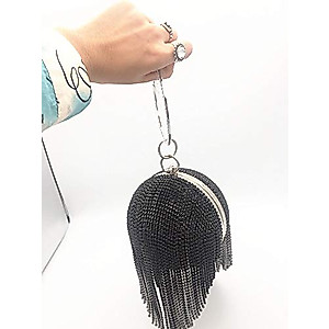 Womans Round Ball Clutch Handbag Dazzling Full Rhinestone Tassles Ring Handle Purse Evening Bag Women Round Ball Crystal Evening Clutch Purse Tassel Wedding Party Handbags (Black)