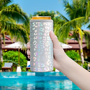 Swig Sip Skinny Can Cooler - Double Wall Stainless Steel Vacuum Insulated Can Holder for 12oz Slim Tall Beverage Bridesmaid Gift (Laser Leopard)
