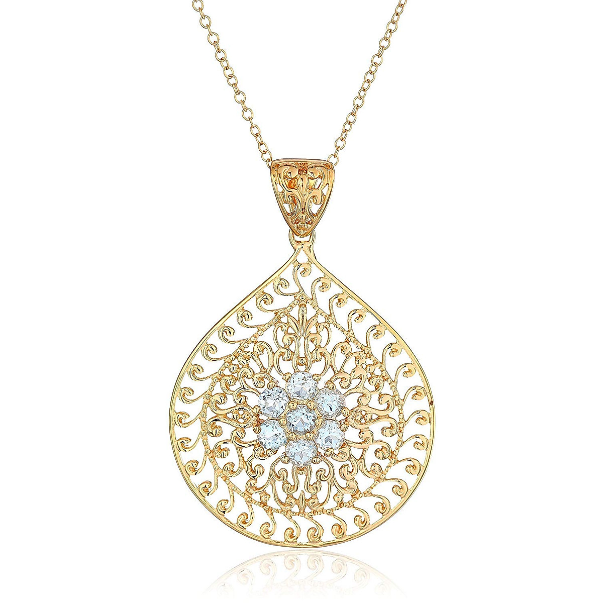 MORGAN & PAIGE 18K Yellow Gold-Plated .925 Sterling Silver Genuine Sky Blue Topaz Evil Eye Teardrop Filigree 1-5/8" Pendant Necklace on 18" Chain - December Birthstone